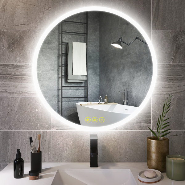 Latitude Run® Airalyn Modern Round Illuminated LED Dimmable Anti-Fog ... Latitude Run® Airalyn Modern Round Illuminated LED Dimmable Anti-Fog ...